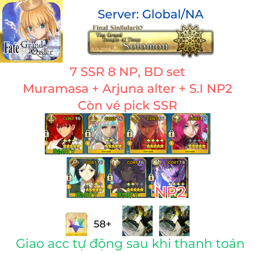 [#1026] [NA] [Starter] 7 SSR 8 NP, Muramasa + Arjuna alter + S.I NP2, BD unset - HM Alter Shop